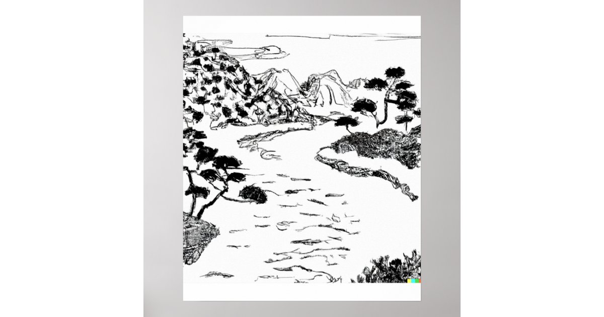 hand drawn sketch of flowing river in Ukiyo-E art Poster | Zazzle