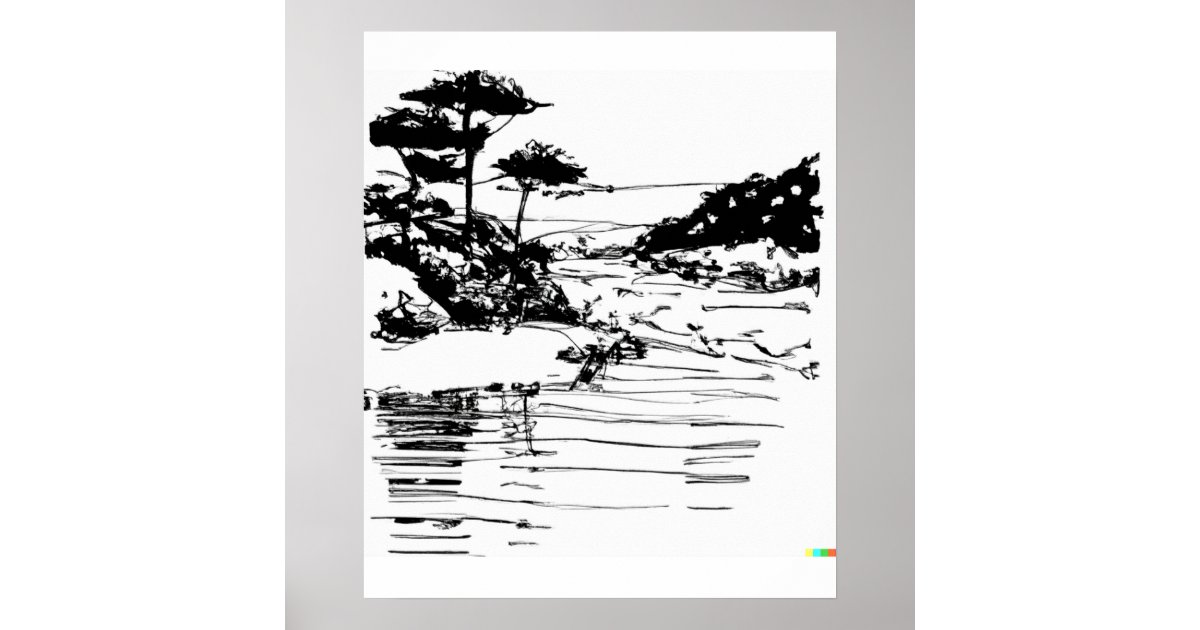 hand drawn sketch of flowing river in Ukiyo-E art Poster | Zazzle