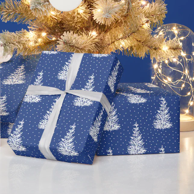 Hand Drawn Snow Covered Tree Pattern Indigo Wrapping Paper | Zazzle