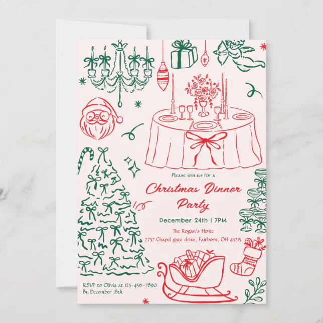 Hand Drawn Squiggle Doodles Christmas Party Invita Invitation | Zazzle