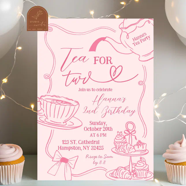 Hand Drawn Tea For Two 2nd Birthday Invitation | Zazzle
