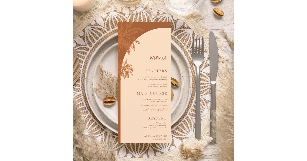 Hand Drawn Terracotta Palm Tree Boho Beach Wedding Menu | Zazzle