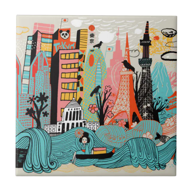 Hand Drawn Tokyo Japan Ceramic Tile | Zazzle