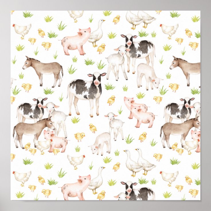 Hand drawn watercolor animals on the farm poster | Zazzle