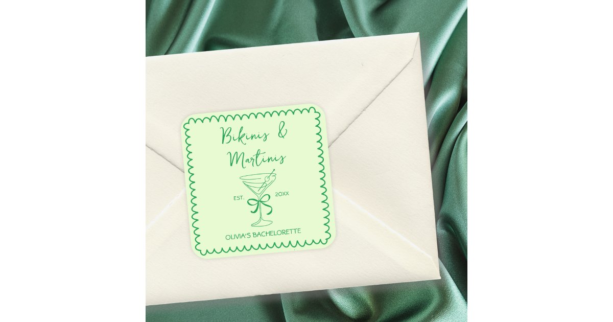 Hand Drawn Wavy Bikinis & Martinis Bachelorette Square Sticker | Zazzle