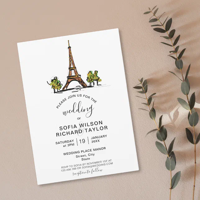Hand Drawn Wedding Destination Paris Eiffel Tower Invitation | Zazzle