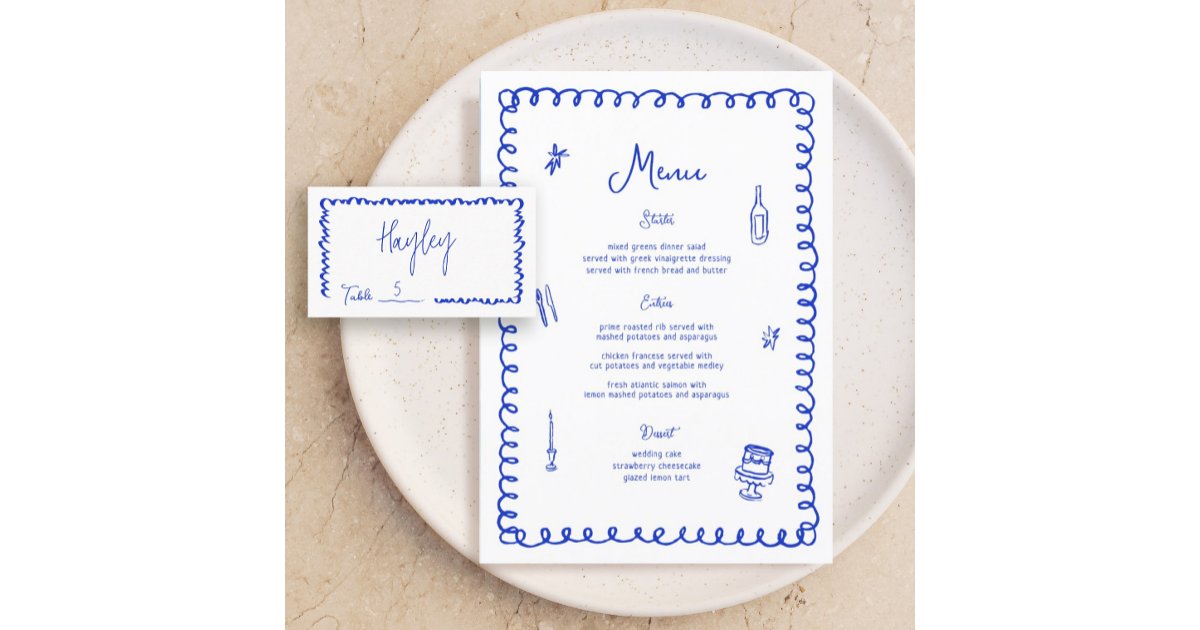 Hand Drawn Whimsical Blue French Wedding Menu | Zazzle