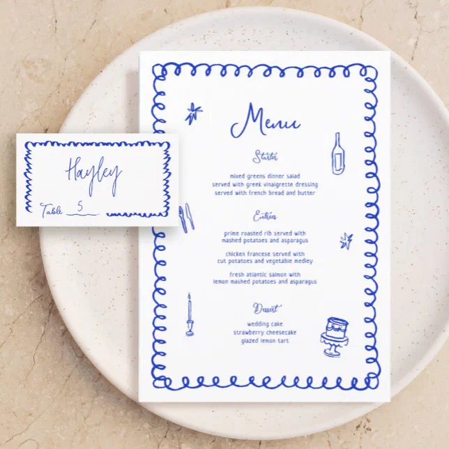 Hand Drawn Whimsical Blue French Wedding Menu | Zazzle