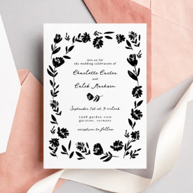 Hand Drawn Whimsical Flower Border Wedding Invitation | Zazzle