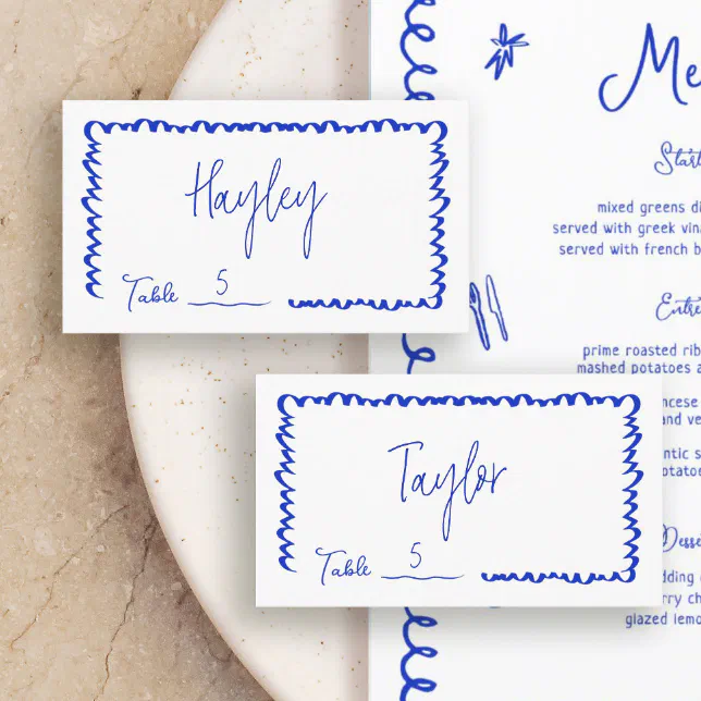Hand Drawn Whimsical Fun Blue Wedding Table Flat Place Card | Zazzle