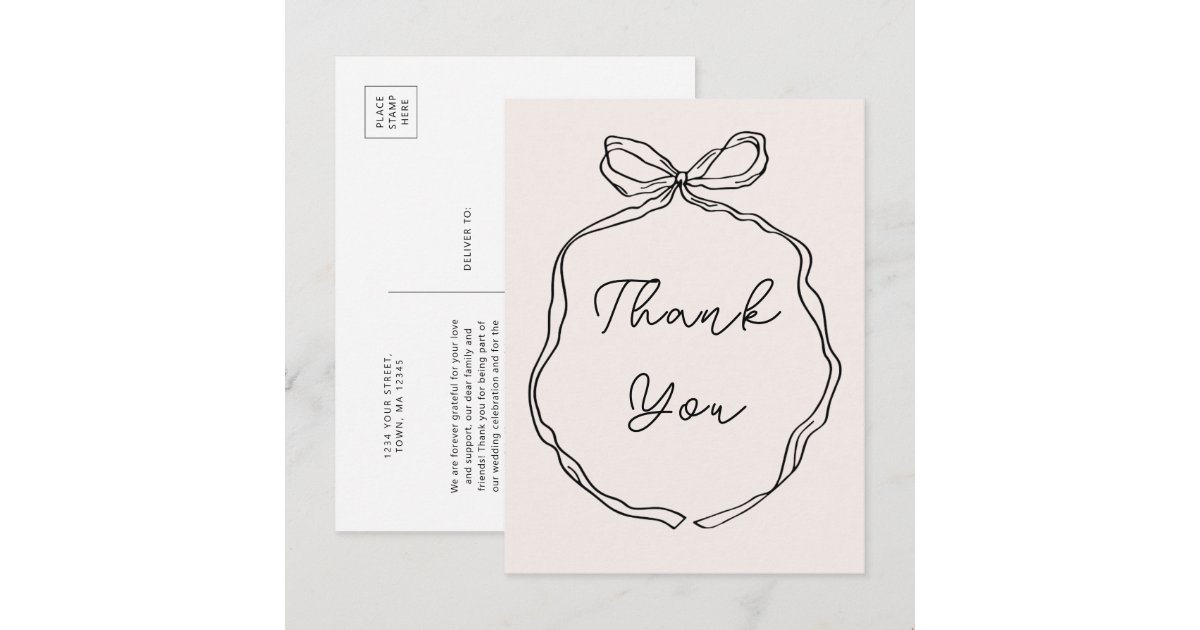 Hand Drawn Whimsical Ribbon Thank You postcard | Zazzle