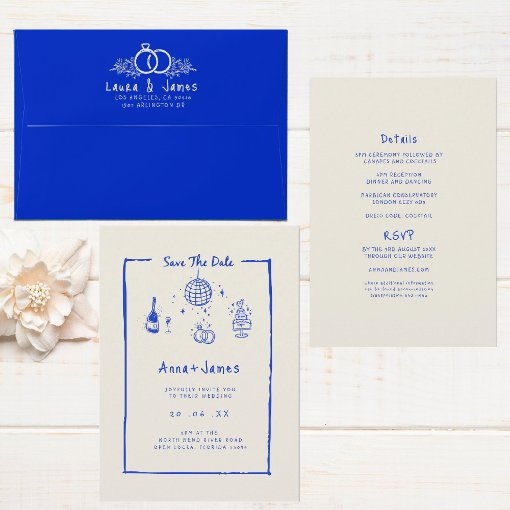 hand drawn whimsical trendy blue funky wedding invitation | Zazzle