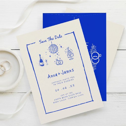 hand drawn whimsical trendy blue funky wedding invitation | Zazzle