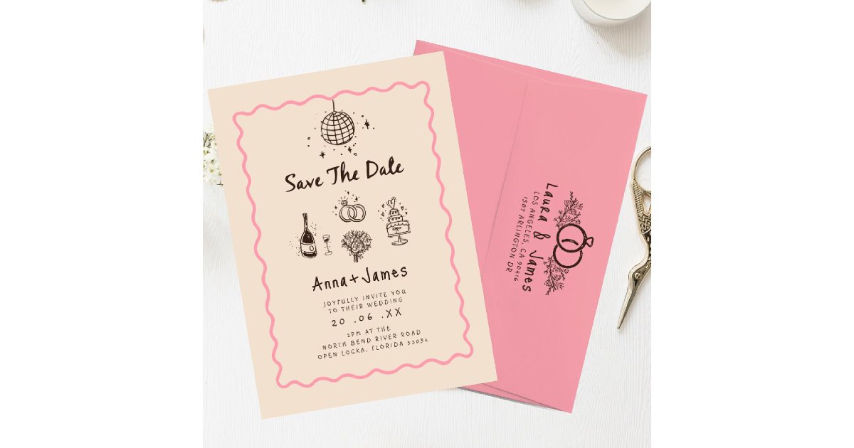 hand drawn whimsical trendy funky wedding invitation | Zazzle