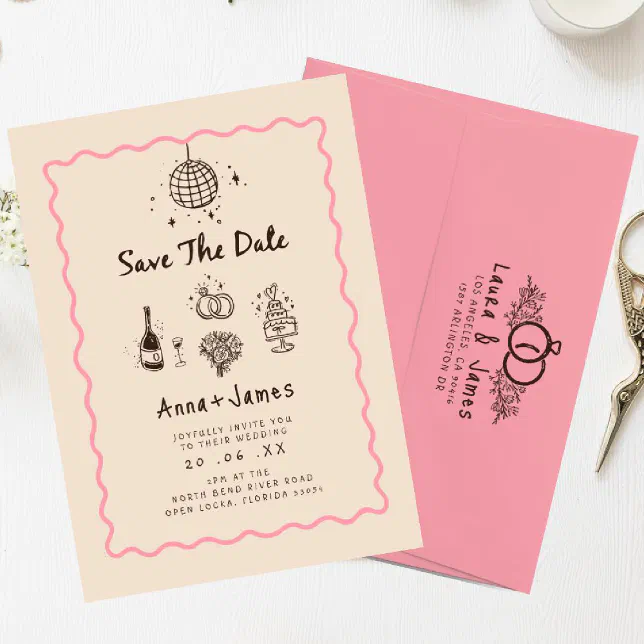 hand drawn whimsical trendy funky wedding invitation | Zazzle