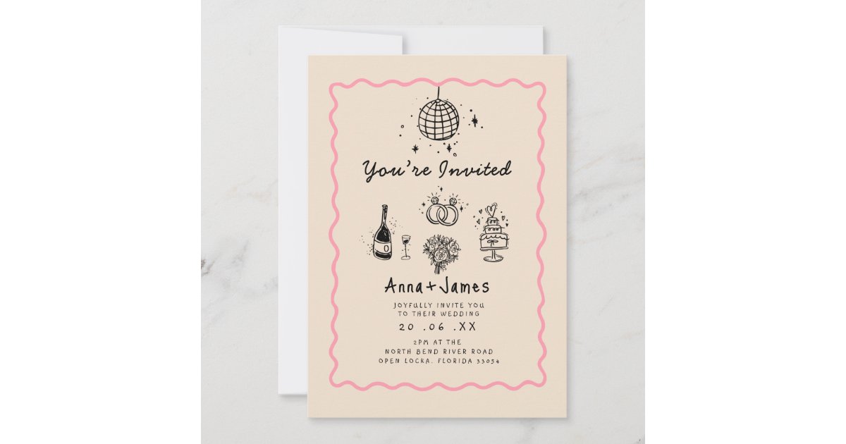 hand drawn whimsical trendy funky wedding invitation | Zazzle