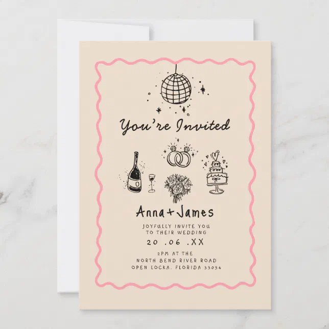 hand drawn whimsical trendy funky wedding invitation | Zazzle
