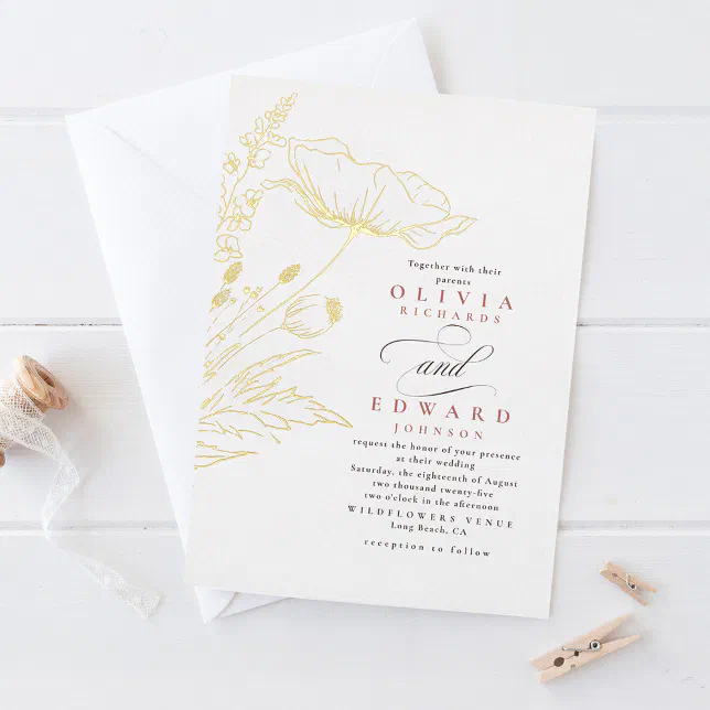 Hand-drawn Wildflowers Dusty Pink Elegant Wedding Foil Invitation | Zazzle
