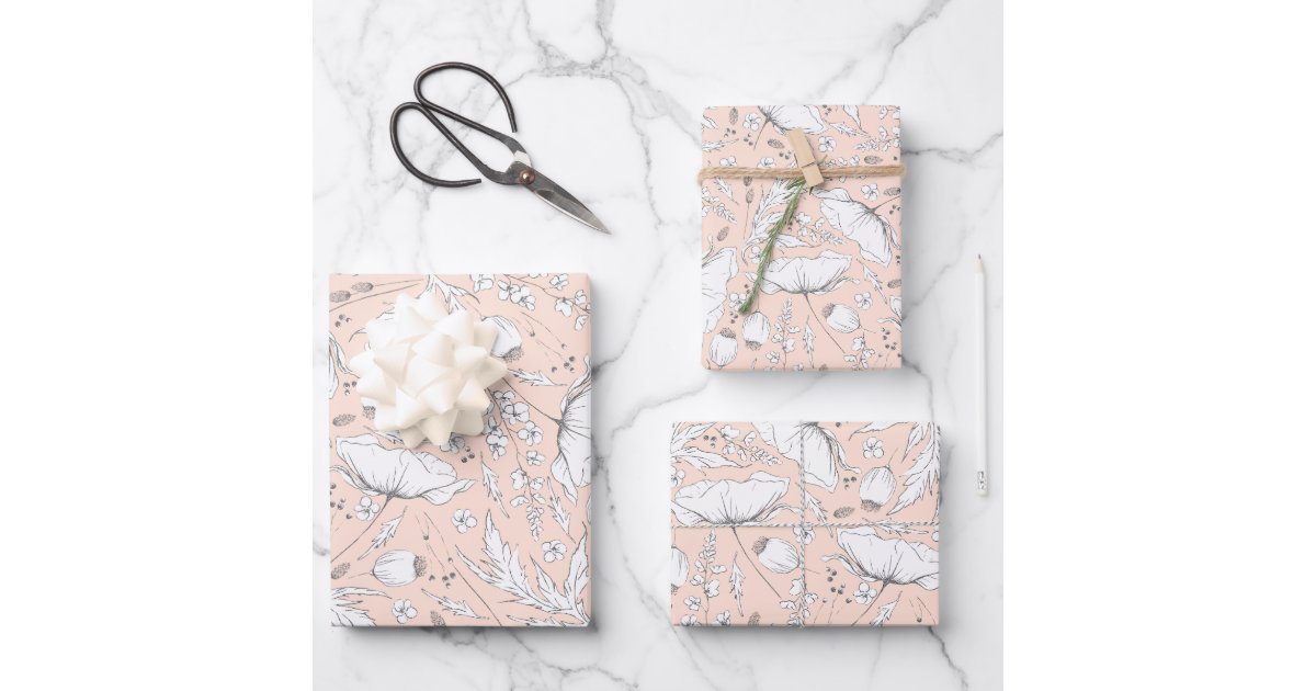 Hand-drawn Wildflowers Pencil Sketch Pattern Peach Wrapping Paper ...