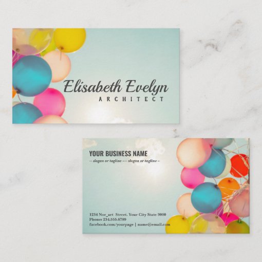 Hand holding multi colored balloons business card | Zazzle
