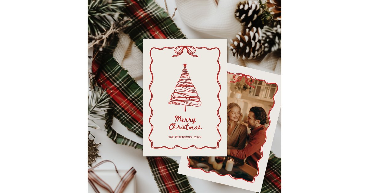 Hand-illustrated Red Festive Photo Christmas Holiday Card | Zazzle