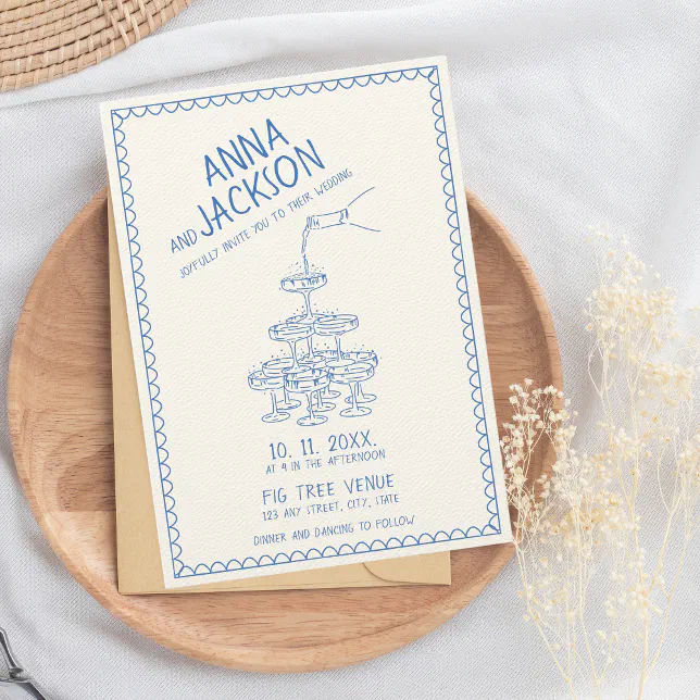 Hand Illustrated Retro Vintage French Blue Wedding Invitation | Zazzle