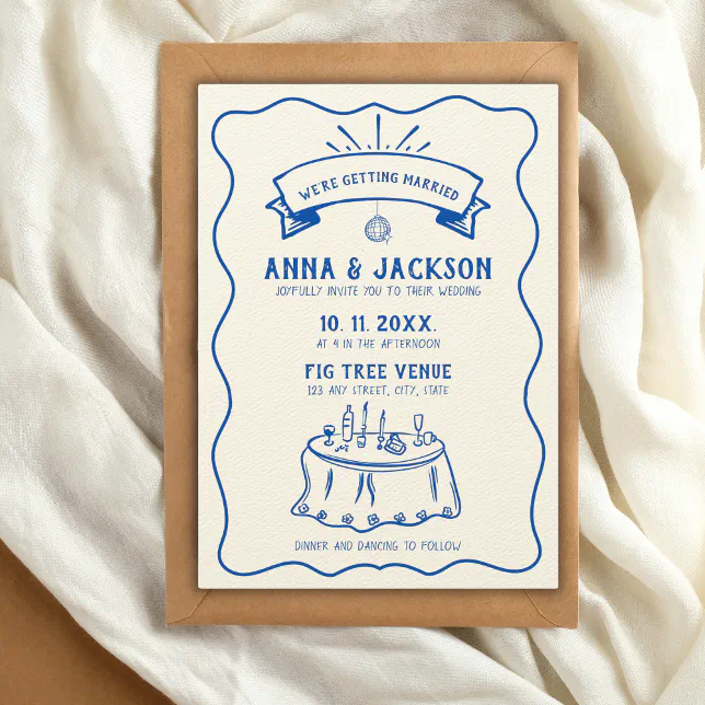 Hand Illustrated Retro Vintage Quirky Blue Wedding Invitation | Zazzle