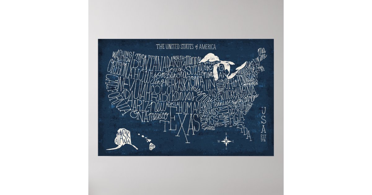 Hand Lettered Blue USA Map Poster | Zazzle