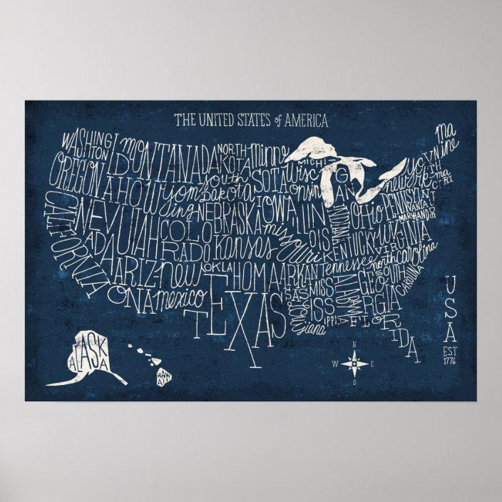 Hand Lettered Blue USA Map Poster | Zazzle.com