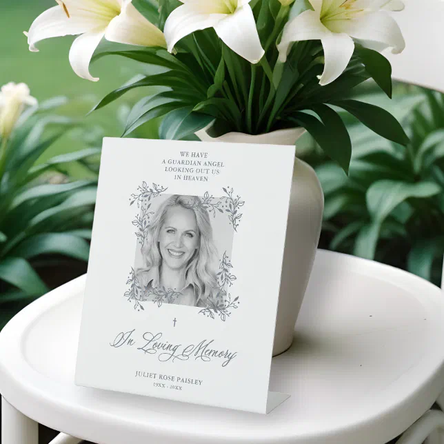 Hand Lettered Chic Flourish Grey Photo Memorial Pedestal Sign | Zazzle
