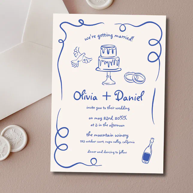 Hand Lettered French Blue Whimsical Wedding Invitation | Zazzle