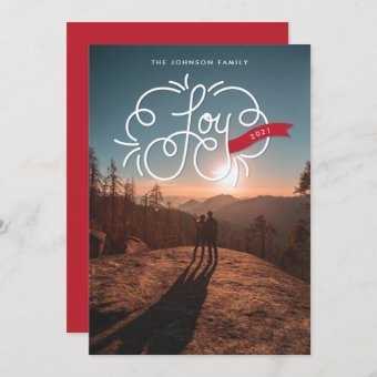 hand lettered joy dark red ribbon holiday photo | Zazzle