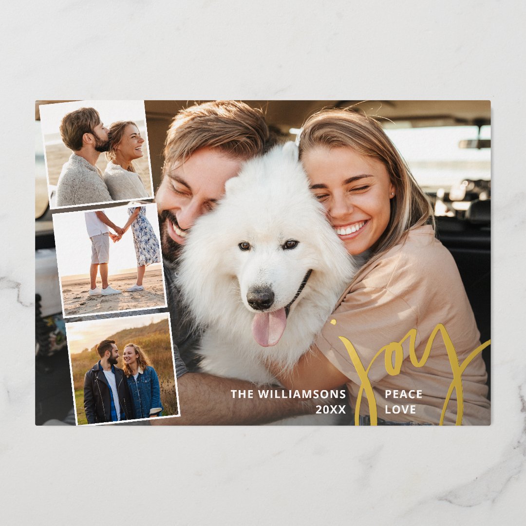Hand Lettered Joy Peace Love Photo Collage Gold Foil Invitation | Zazzle