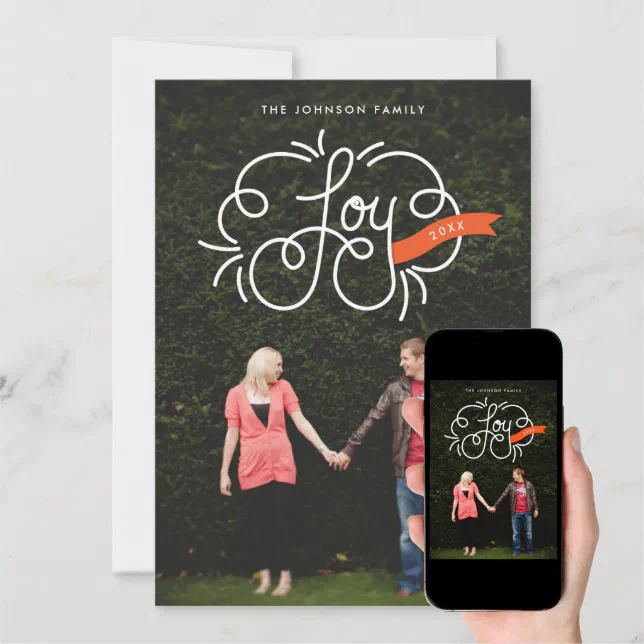 hand lettered joy red ribbon holiday photo | Zazzle