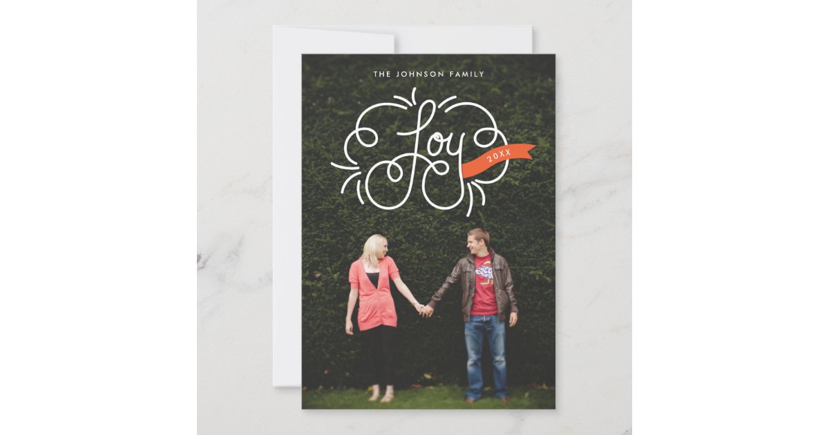 hand lettered joy red ribbon holiday photo | Zazzle