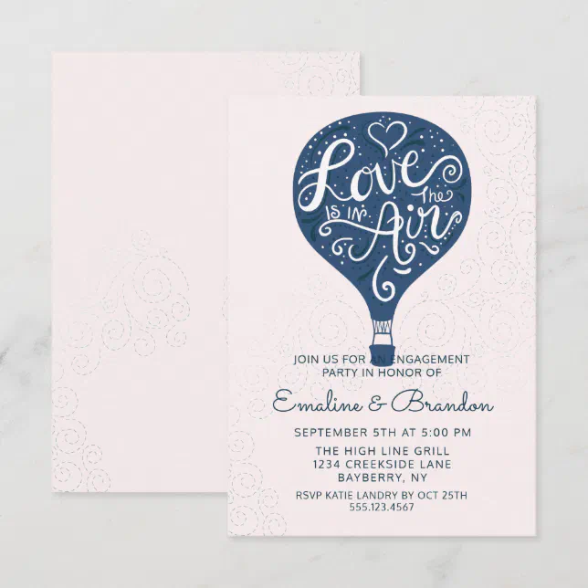 Hand Lettered Love Navy Balloon Engagement Party Invitation | Zazzle
