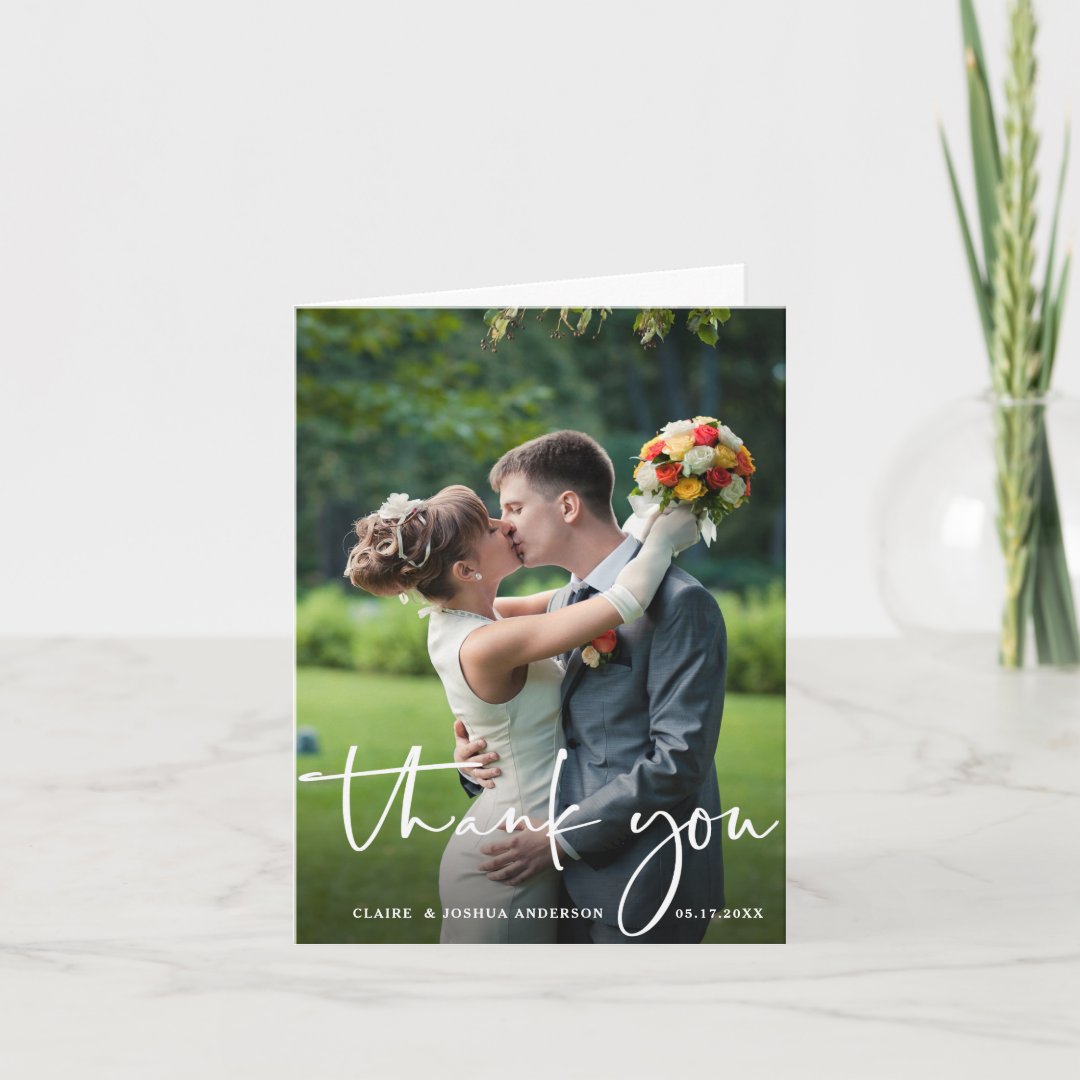 Hand Lettered Script Wedding Photo Thank You Card | Zazzle
