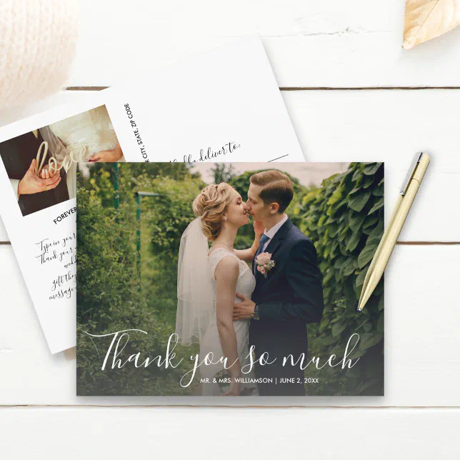 Hand Lettered Script Wedding Photo Thank You Postcard | Zazzle