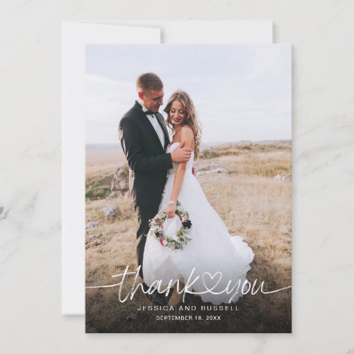 Hand Lettered Script with Heart Photos Wedding Thank You Card | Zazzle