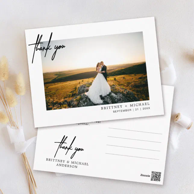 Hand-Lettered Simple Photo Thank You White Postcard | Zazzle
