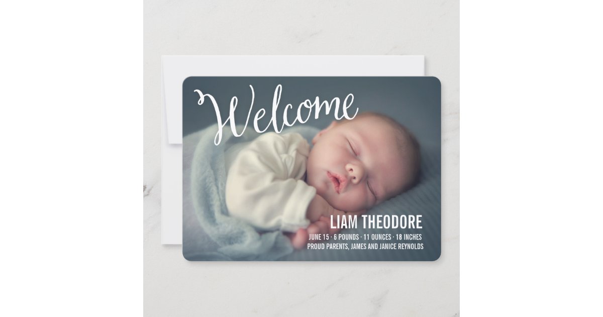 Hand Lettered Welcome Photo Birth Announcement | Zazzle