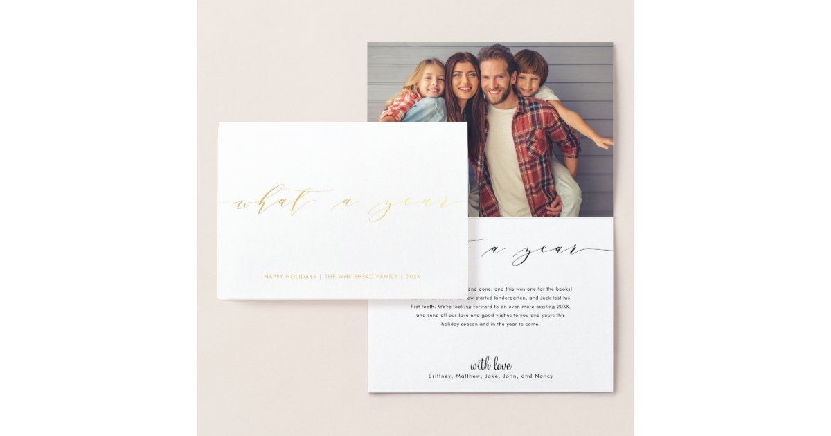 Hand-Lettered What a Year Modern Photo Foil Card | Zazzle
