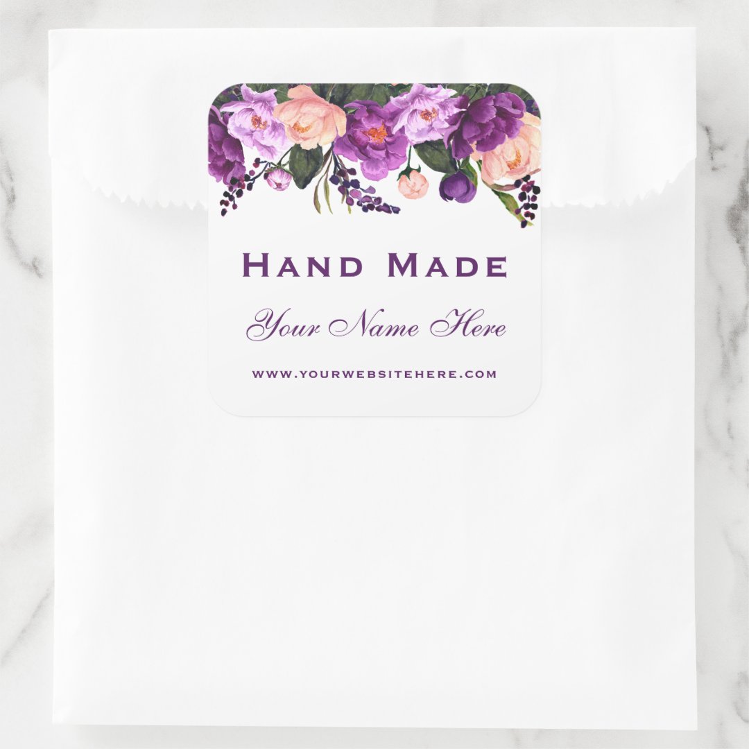 Hand Made Purple Watercolor Floral Small Square Sticker | Zazzle