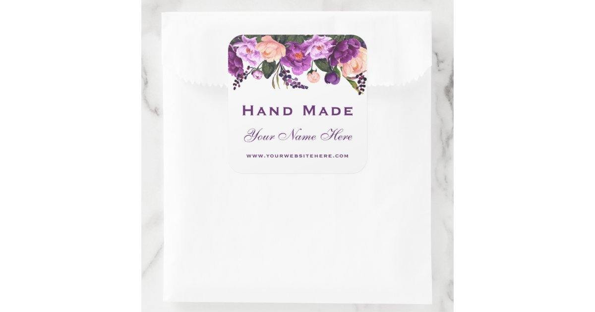 Hand Made Purple Watercolor Floral Small Square Sticker | Zazzle