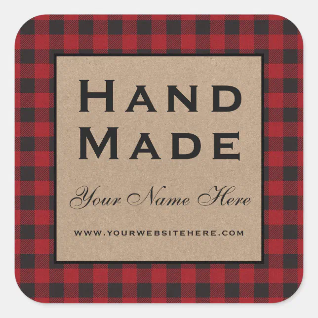 Hand Made Red Plaid Kraft Square Sticker | Zazzle