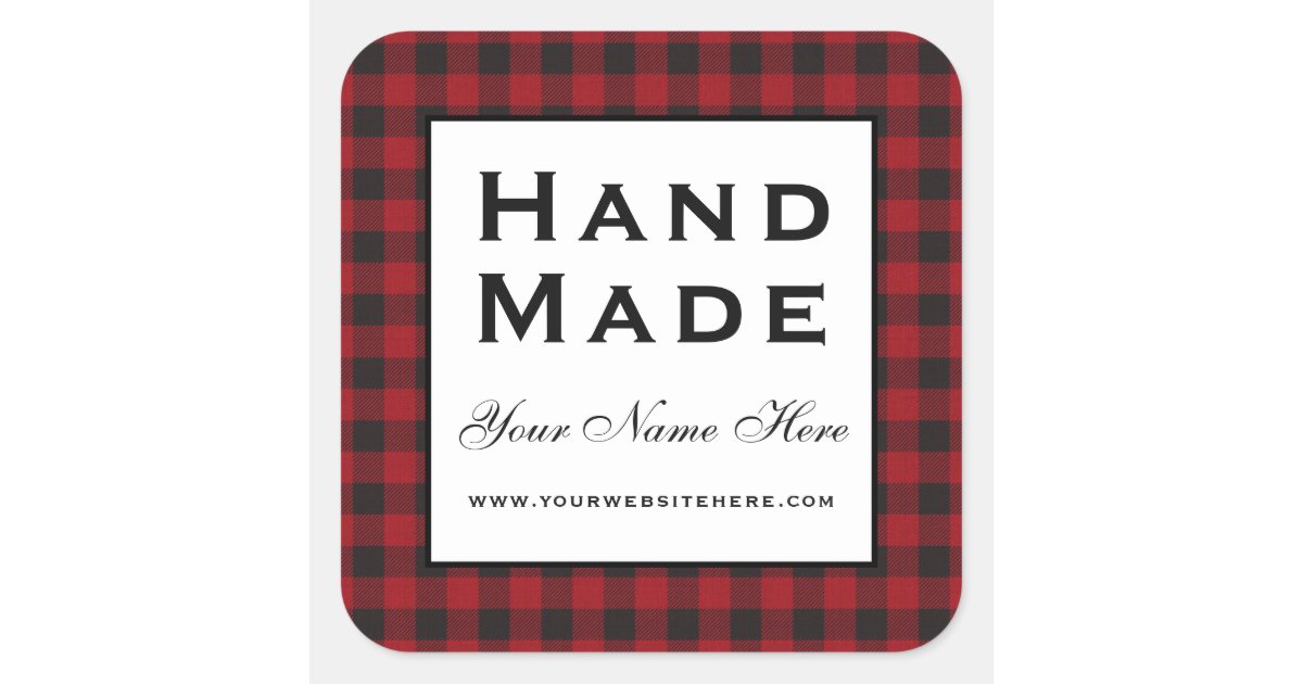 Hand Made Red Plaid Square Sticker | Zazzle