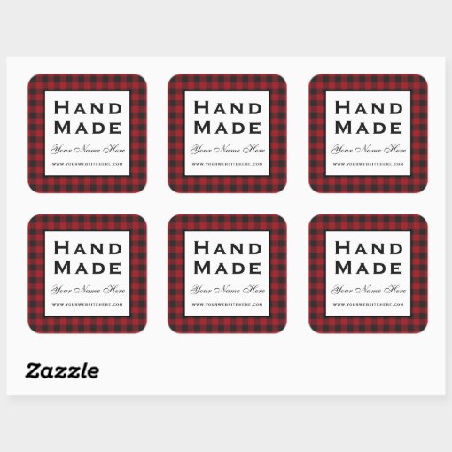 Hand Made Red Plaid Square Sticker | Zazzle