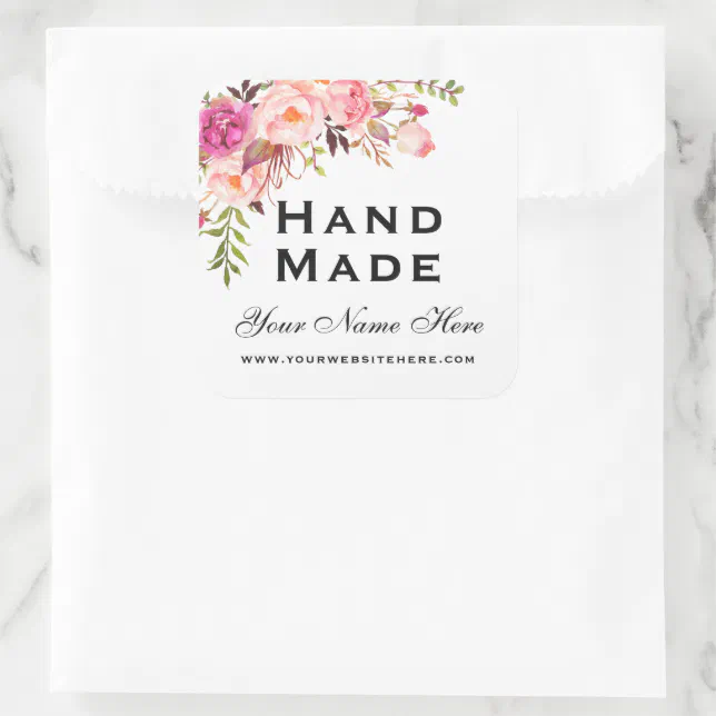 Hand Made Small Pink Watercolor Floral Square Sticker | Zazzle