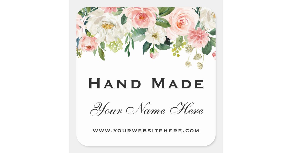 Hand Made Watercolor Pink White Floral Small Square Sticker | Zazzle