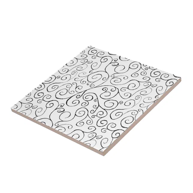 Hand-Painted Black Curvy Pattern on White Ceramic Tile | Zazzle